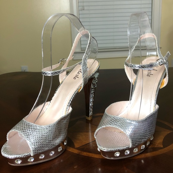 Shoes | Silver Rhinestone Open Toe Platform Shoes | Poshmark
